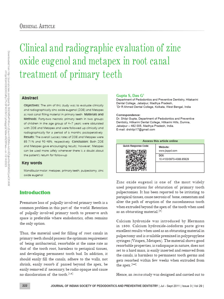 Metapex vs. ZOE in Primary Teeth Pulpectomy | PDF | Human Tooth | Tooth