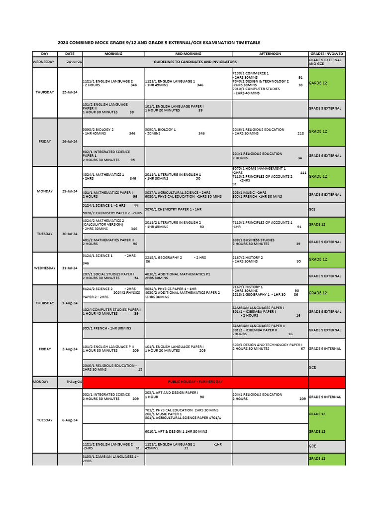 Combinded Mock g9 g12 9ext and Gce Timetable | PDF | Science