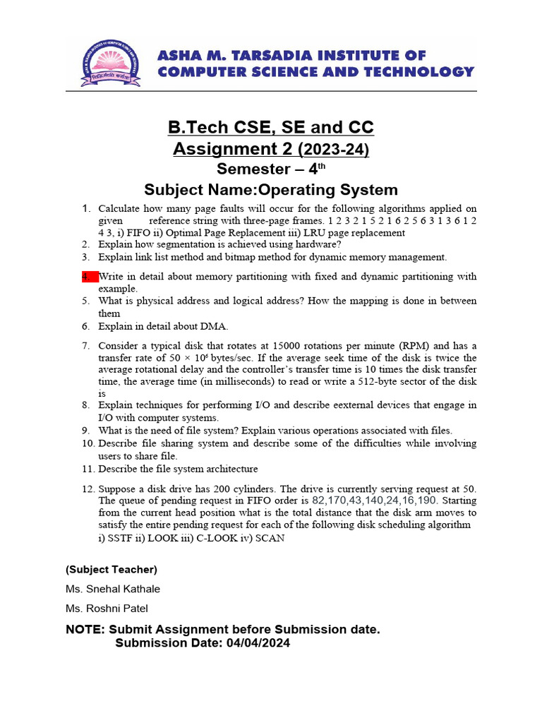 Operating System Assignment 2 - 4th Sem | PDF