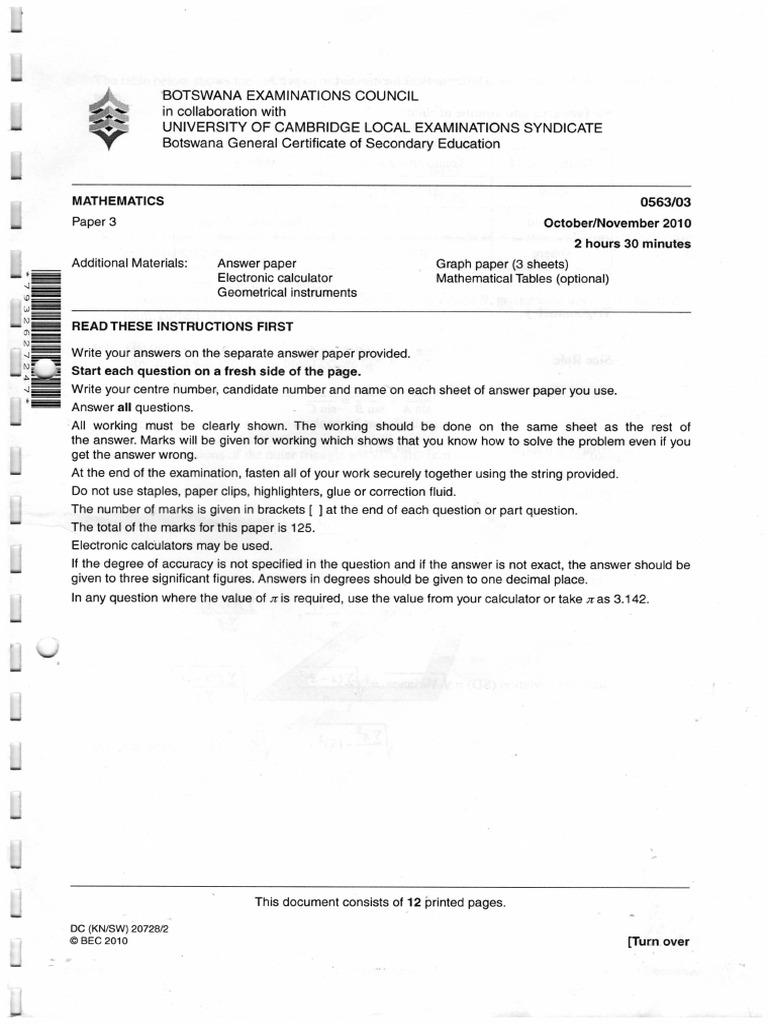 Mathematics Bgcse pp3 2010 | PDF