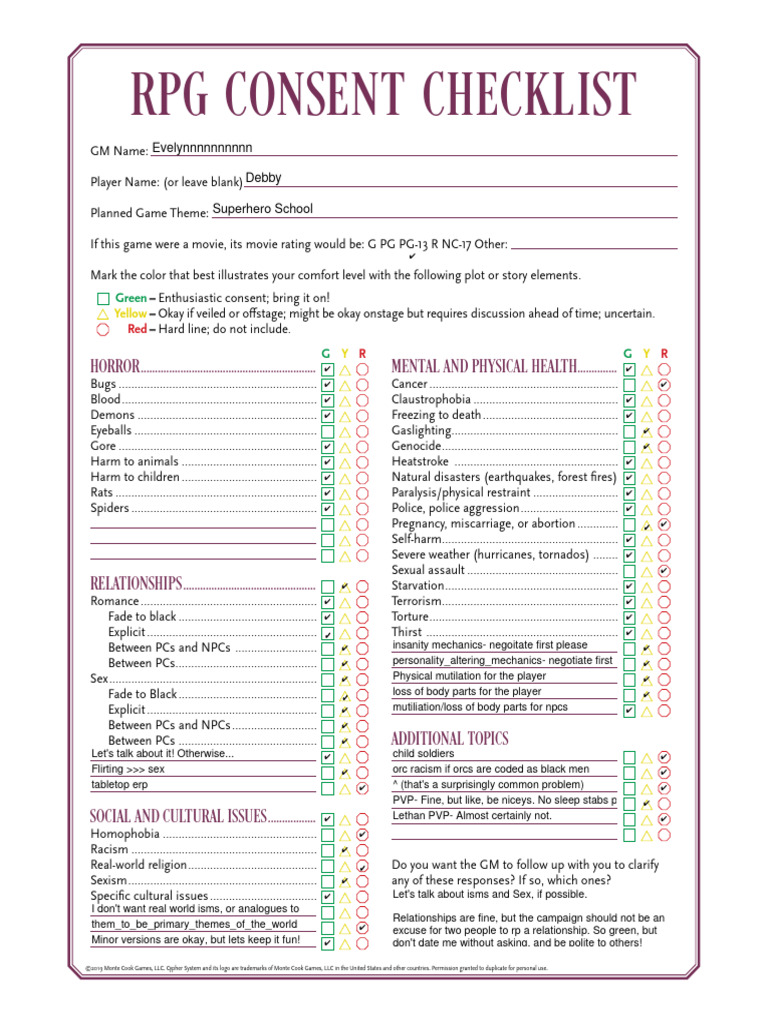 Consent in Gaming Form Fillable Checklist Debby Ednd1 | PDF