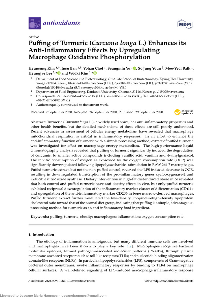 Antioxidants Ffing Of Turmeric Curcuma Longa L Enhances Its Ffects By Upregulating Pdf
