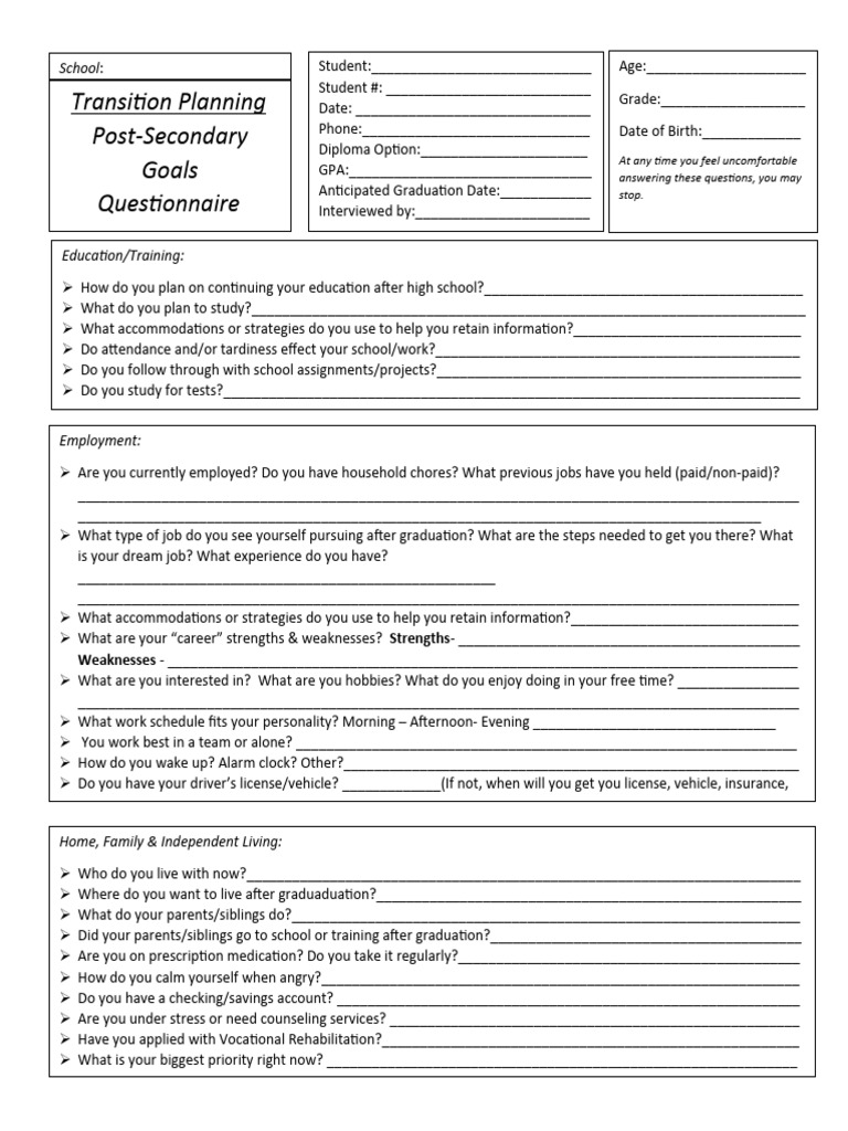 High School Transition Planning Questionnaire | PDF High School Transition Planning Questionnaire | PDF