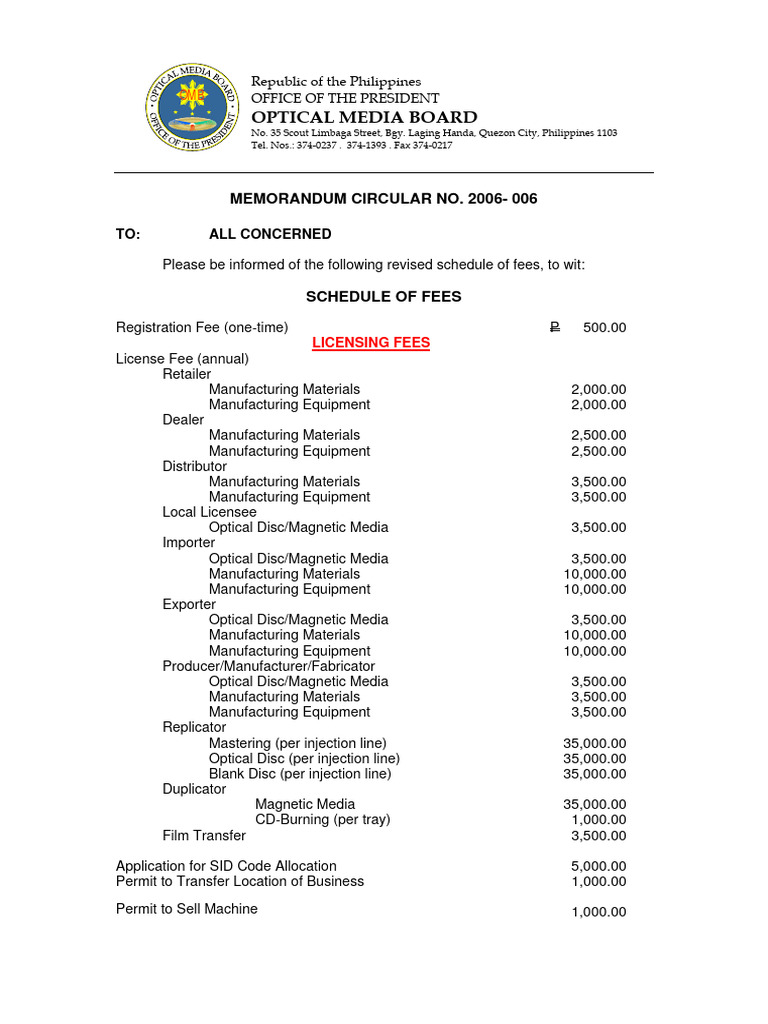 MC No. 2006-006 - Schedule of Fees | PDF | Storage Media