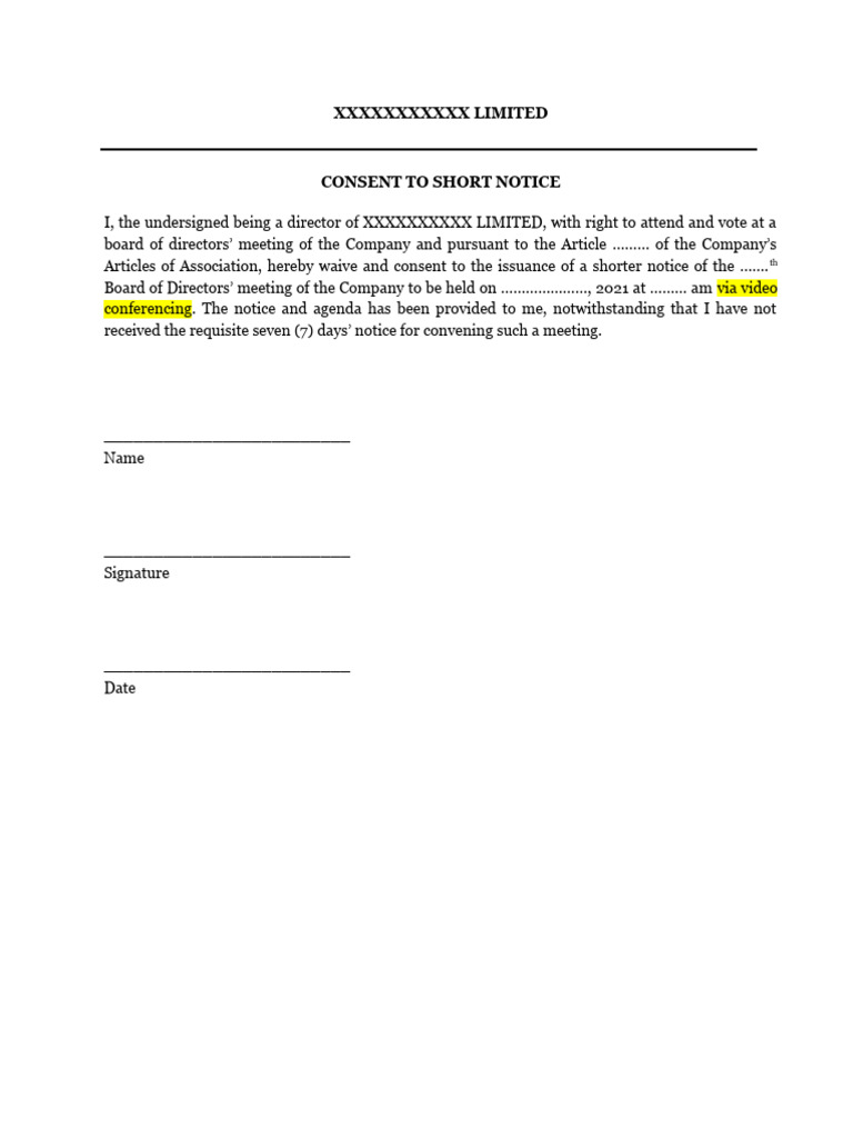 Consent for Short Notice Board Meeting | PDF | Law | Finance & Money ...