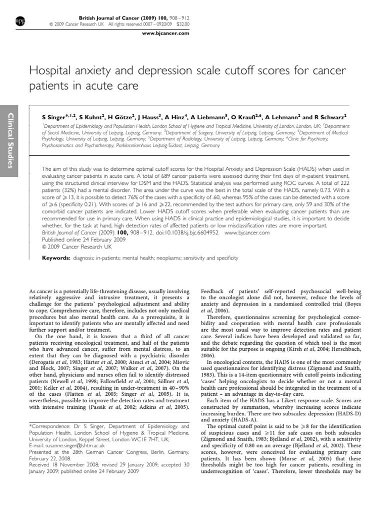BR J Cancer. Original. HADS Cutoff Scores For Cancer Pts in Acute Care ...
