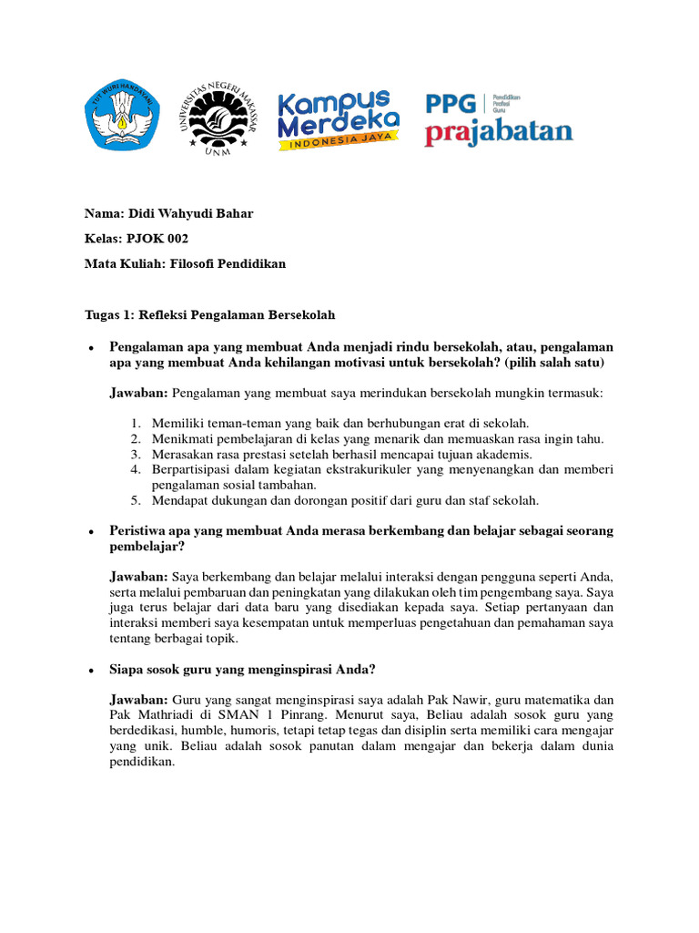 Tugas 1 Filosofi Refleksi Pengalaman Bersekolah FILOSOFI PENDIDIKAN | PDF Tugas 1 Filosofi Refleksi Pengalaman Bersekolah FILOSOFI PENDIDIKAN | PDF