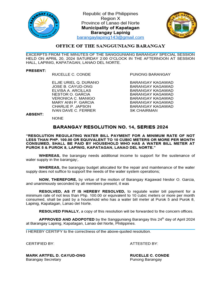 Barangay Water Bill Payment Resolution | PDF | Economies