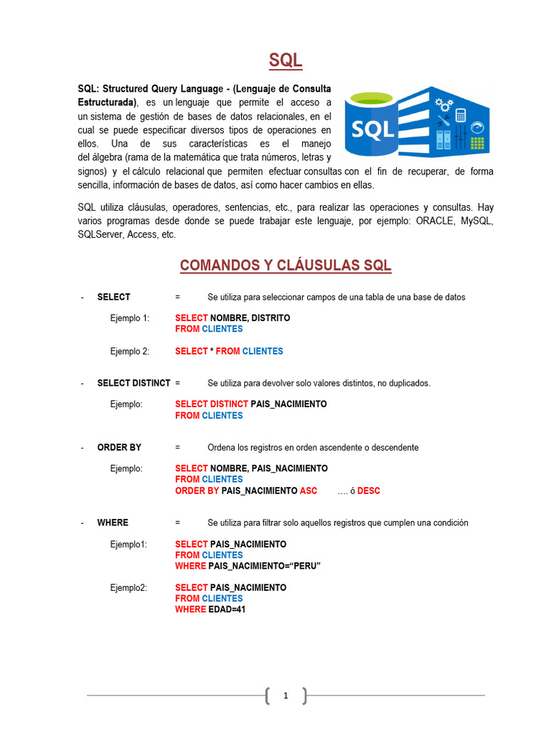 Comandos y Cláusulas SQL | PDF | SQL | Modelo de datos