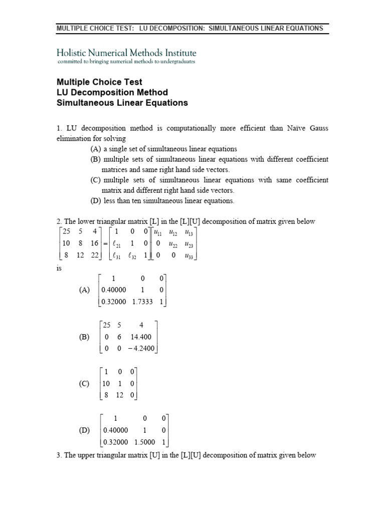 Quiz Sle Ludecomposition | PDF | Matrix (Mathematics) | System Of ...