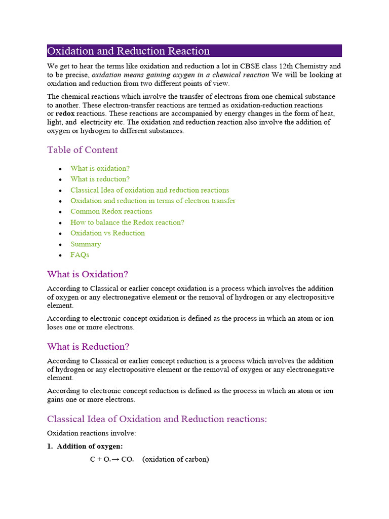 Topic 1.4 Oxidation and Reduction Reaction | PDF | Redox | Chemical ...