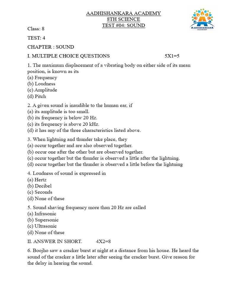 8TH - Science - Test #04 - Sound | PDF | Young Adult