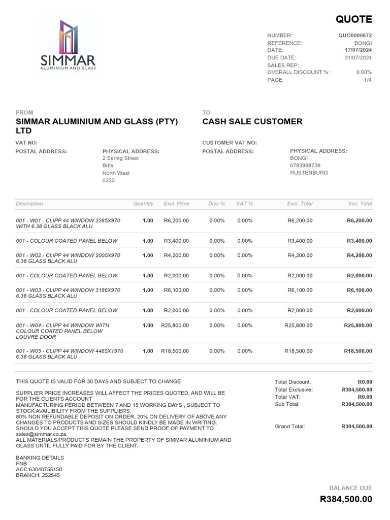 Simmar Aluminium and Glass (Pty) LTD Cash Sale Customer: Quote | PDF ...