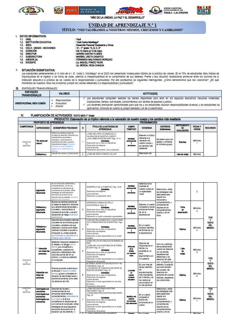 Primera Unidad de Aprendizaje-Dpcc-1° - 2023 | PDF | Las emociones | Aprendizaje