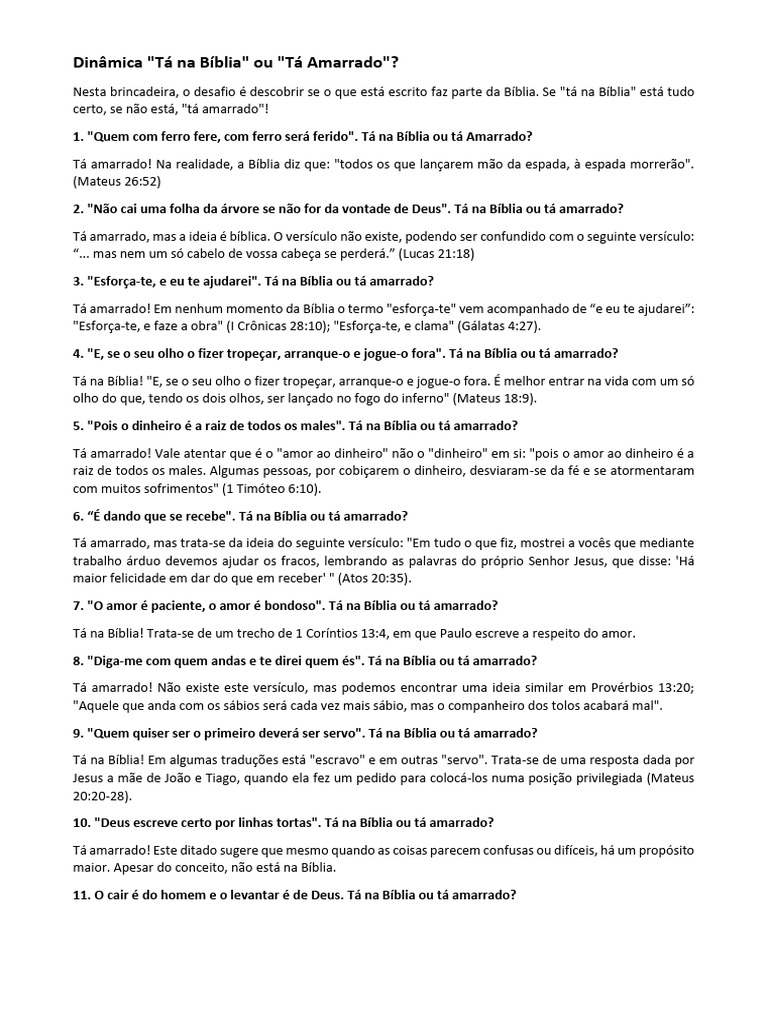 Dinâmica "Tá na Bíblia" ou "Tá Amarrado" | PDF | Bíblia | Amor