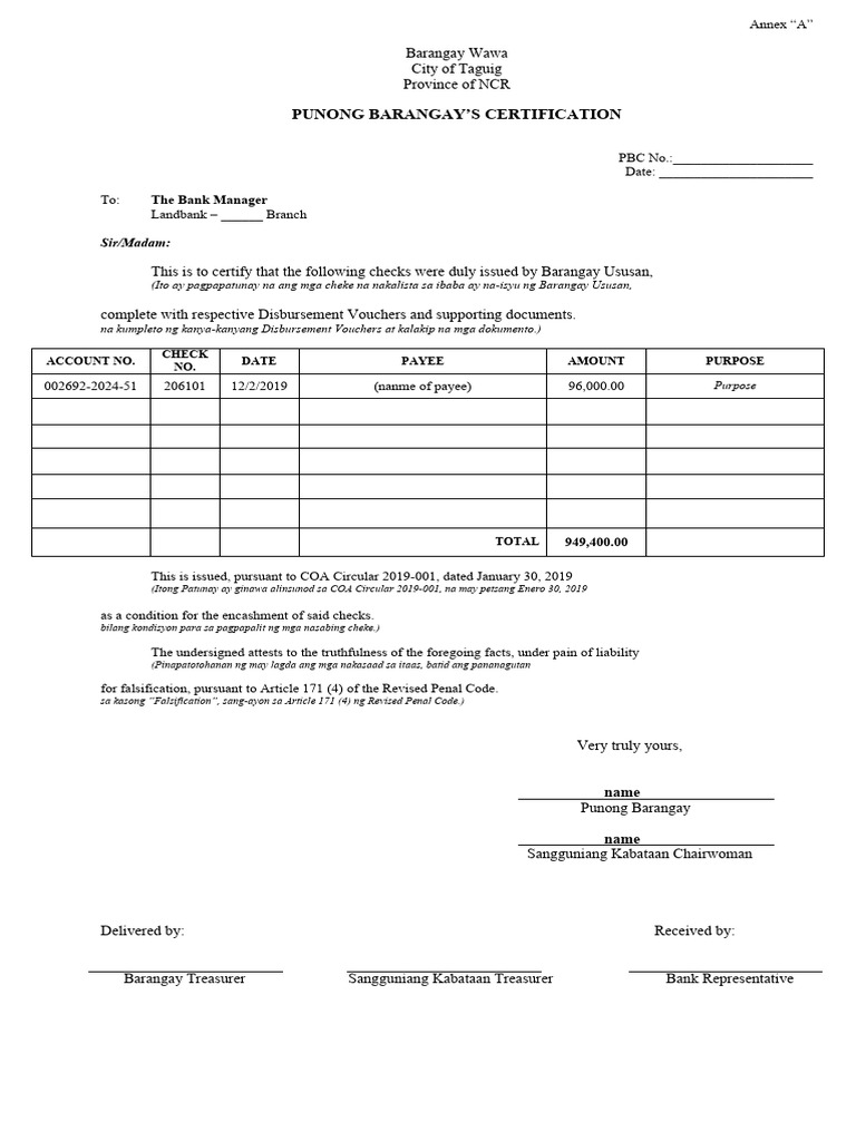 Barangay Ususan Check Certification | PDF