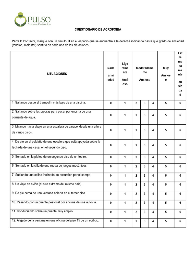 Cuestionario de Acrofobia | PDF
