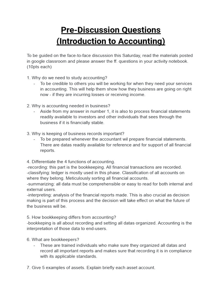 Pre-Discussion Questions (Introduction To Accounting) | PDF | Income ...