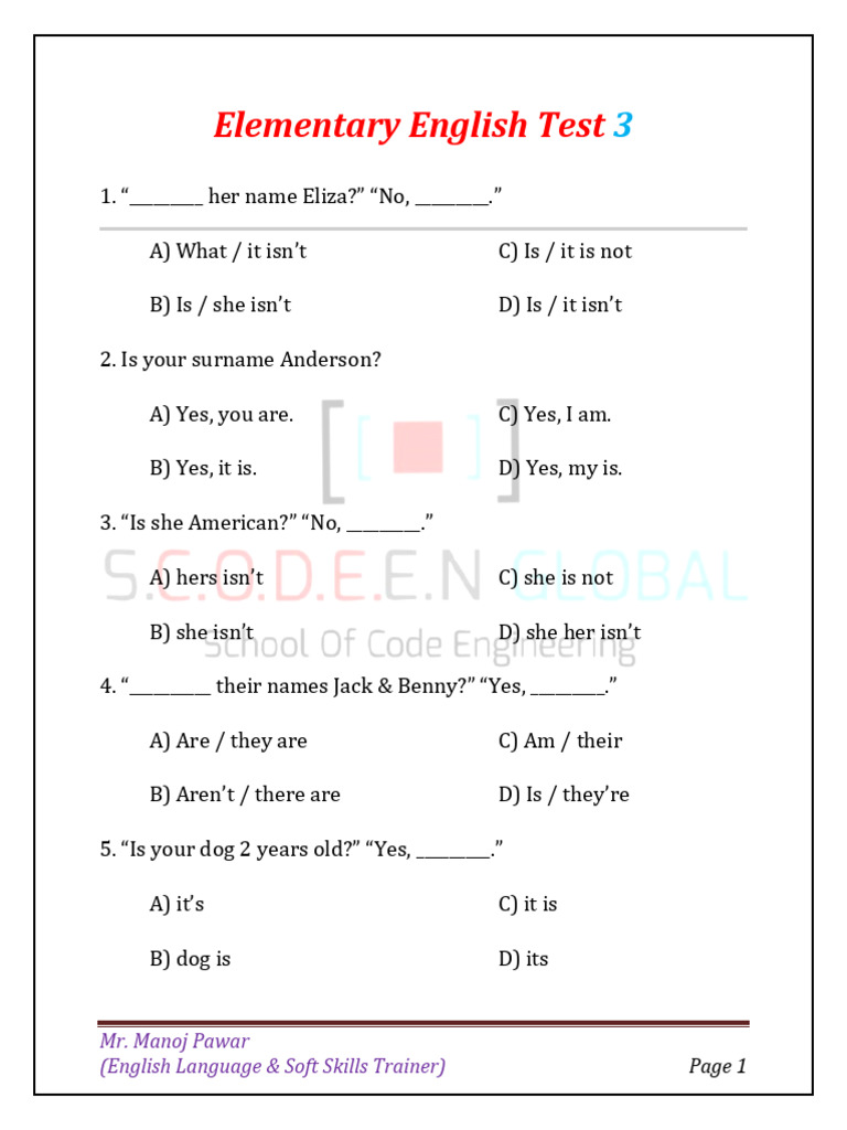 Elementary English Test 3 | PDF