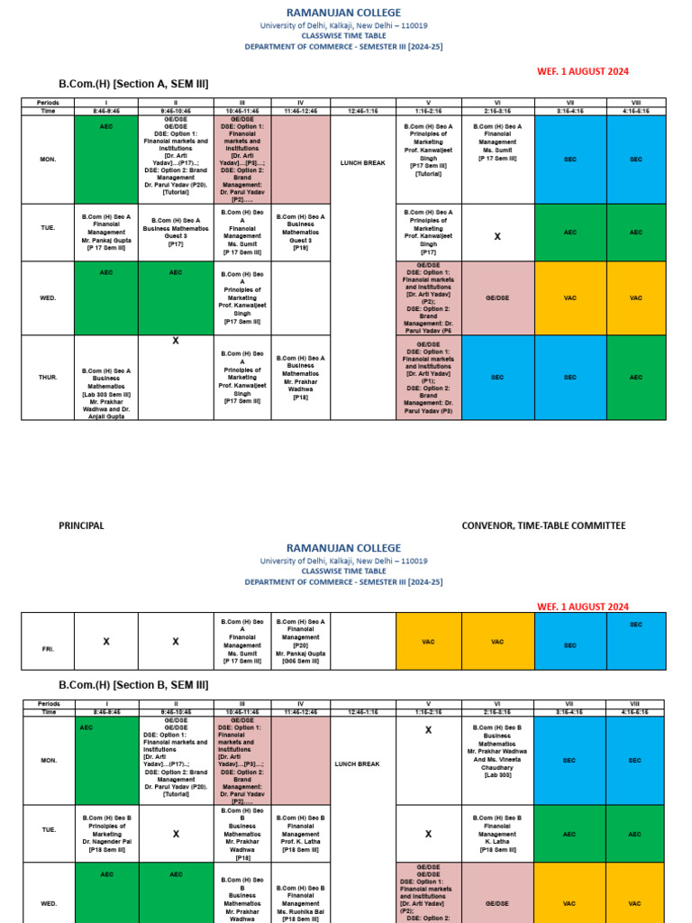 Classwise Time-Table (B.Com. (H) & B.Com. SEM III | PDF | Academic ...