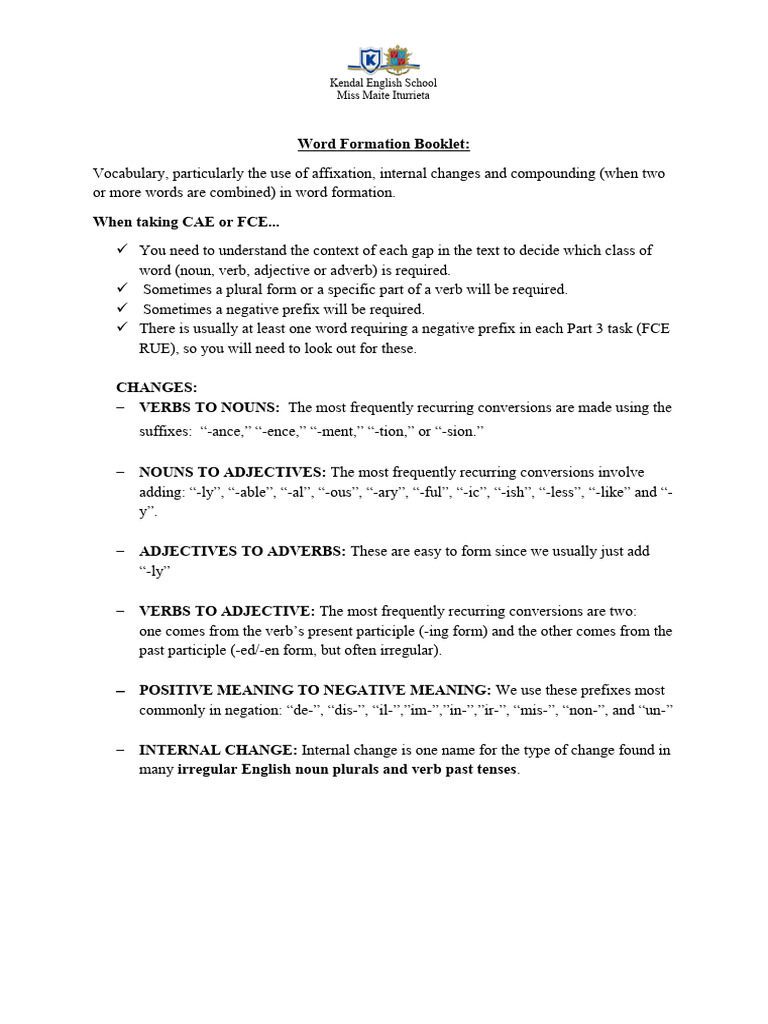 Word Formation - FCE and CAE | PDF | Verb | Noun