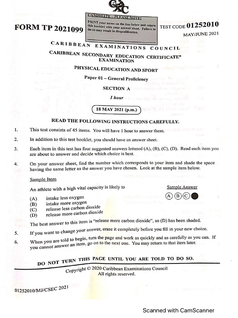 Csec Pe & Sport June 2021 P1a | PDF