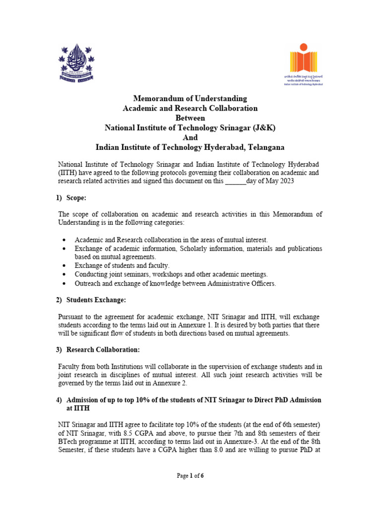 NITS-IITH MoU | PDF | Doctor Of Philosophy
