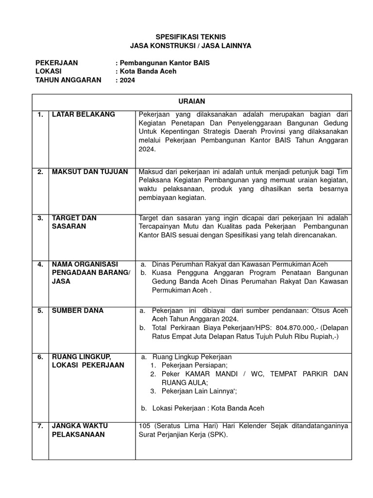 SPESIFIKASI TEKNIS PEMBANGUNAN KANTOR BAIS Review | PDF