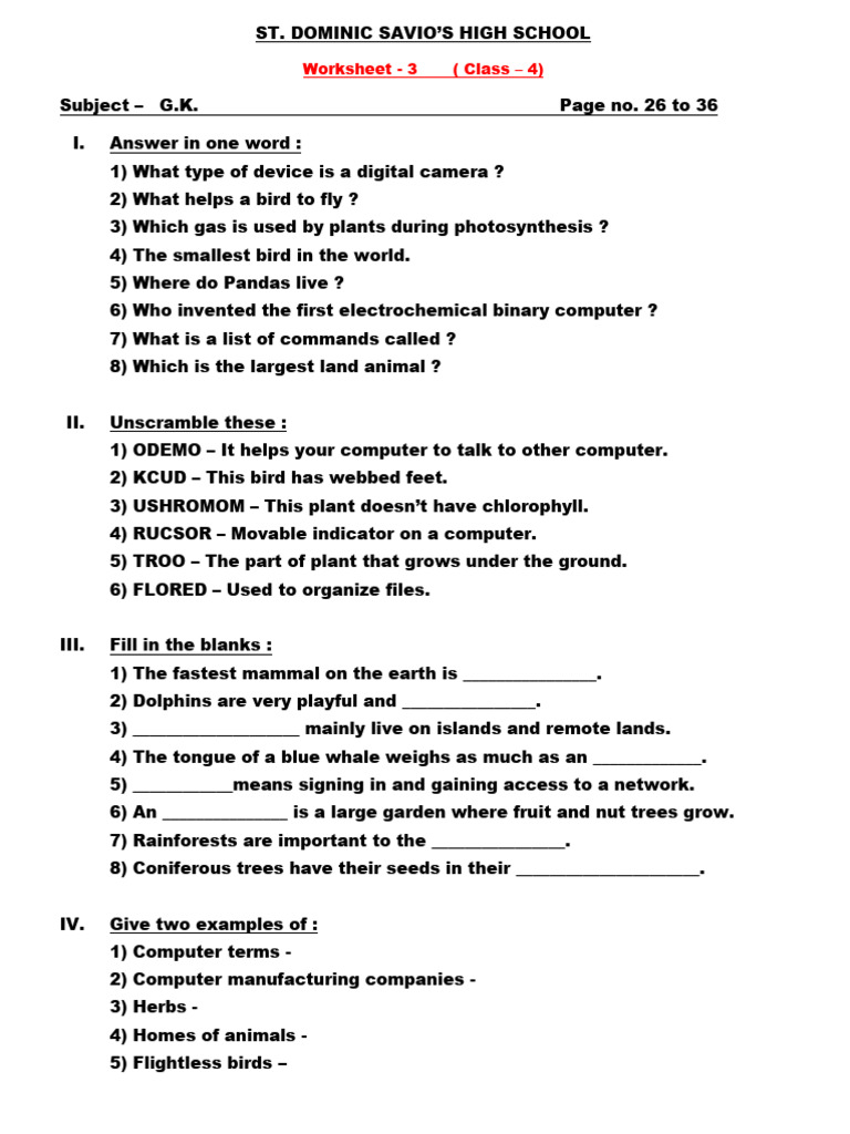 G.K. Worksheet for Class 4 Students | PDF | Plants | Trees
