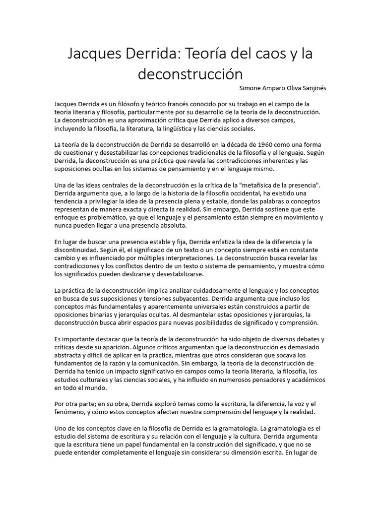 Jacques Derrida Teoría Del Caos y La Deconstrucción | PDF | Jacques Derrida | Deconstruccion
