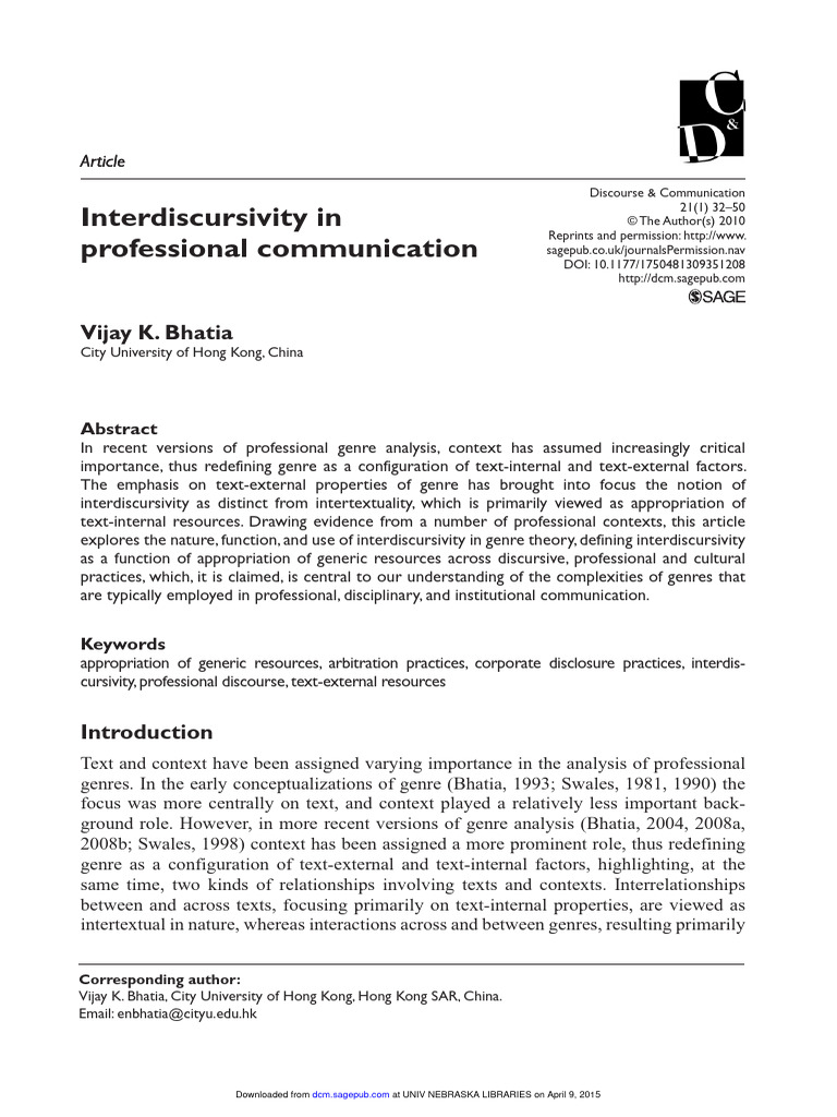 Interdiscursivity in Personal Communication - Vijay Bhatia | PDF | Intertextuality | Discourse