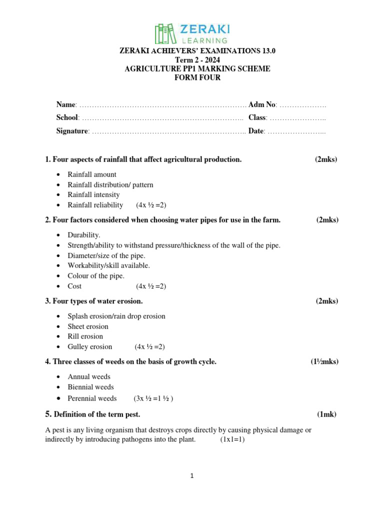 Agriculture - Paper 1 - Marking Scheme | PDF | Hay | Soil
