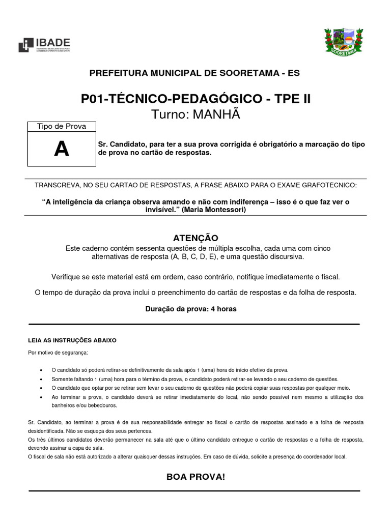 Ibade 2022 Prefeitura de Sooretama Es Tecnico Pedagogico Tpe II Prova | PDF | Pedagogia ...
