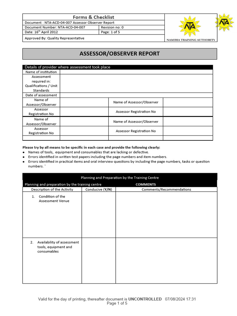 NTA-ACD-04-007 Assessor Observer Report | PDF