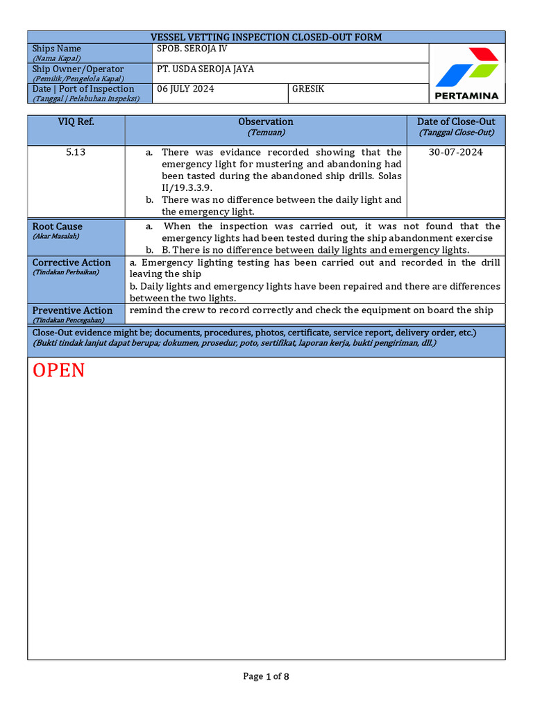 5.13 - Close-Out-Form Emergency Light | PDF | Shipping | Water Transport