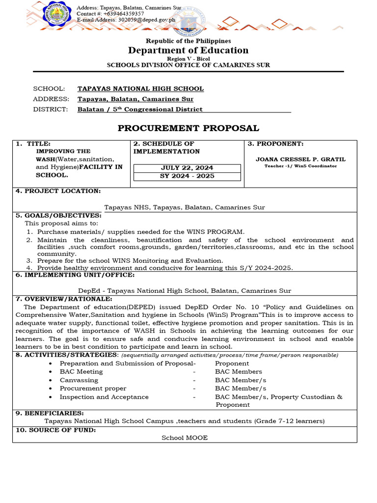 Tapayas NHS WASH Facility Proposal | PDF | Wash | Sanitation