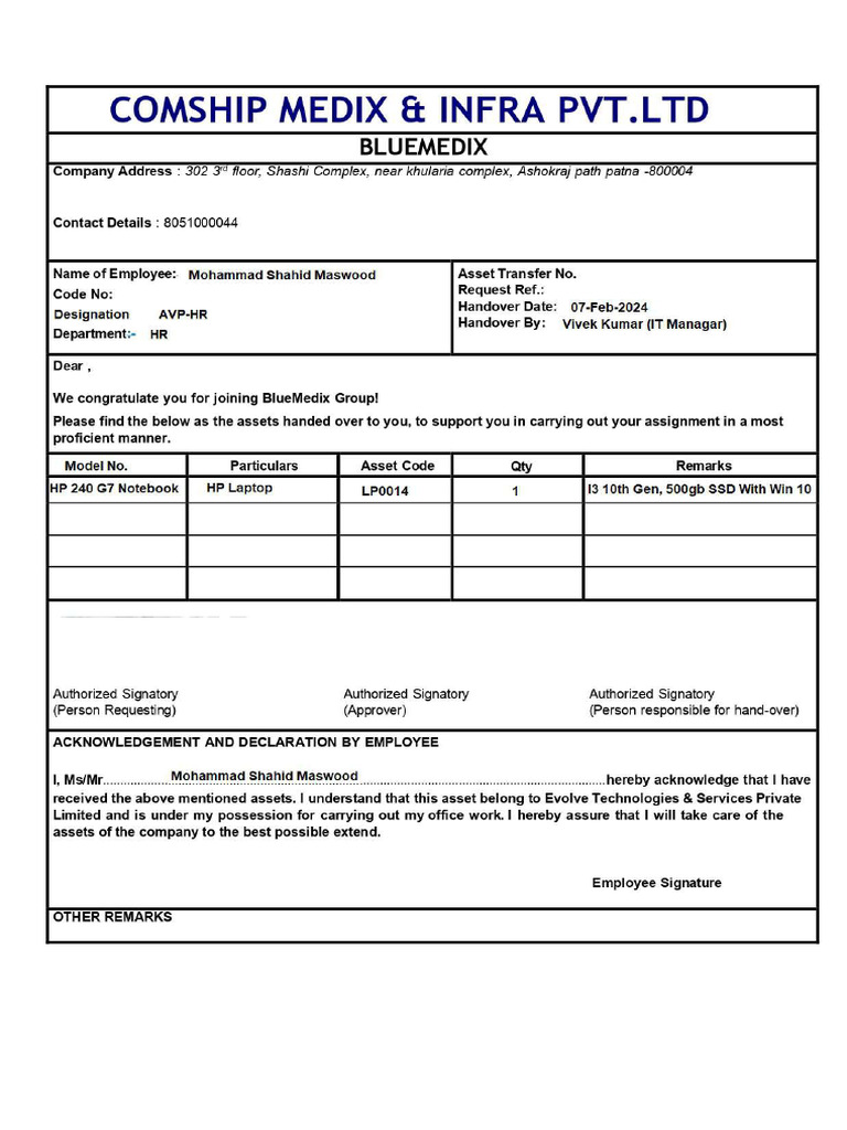 Assets Handover Form | PDF