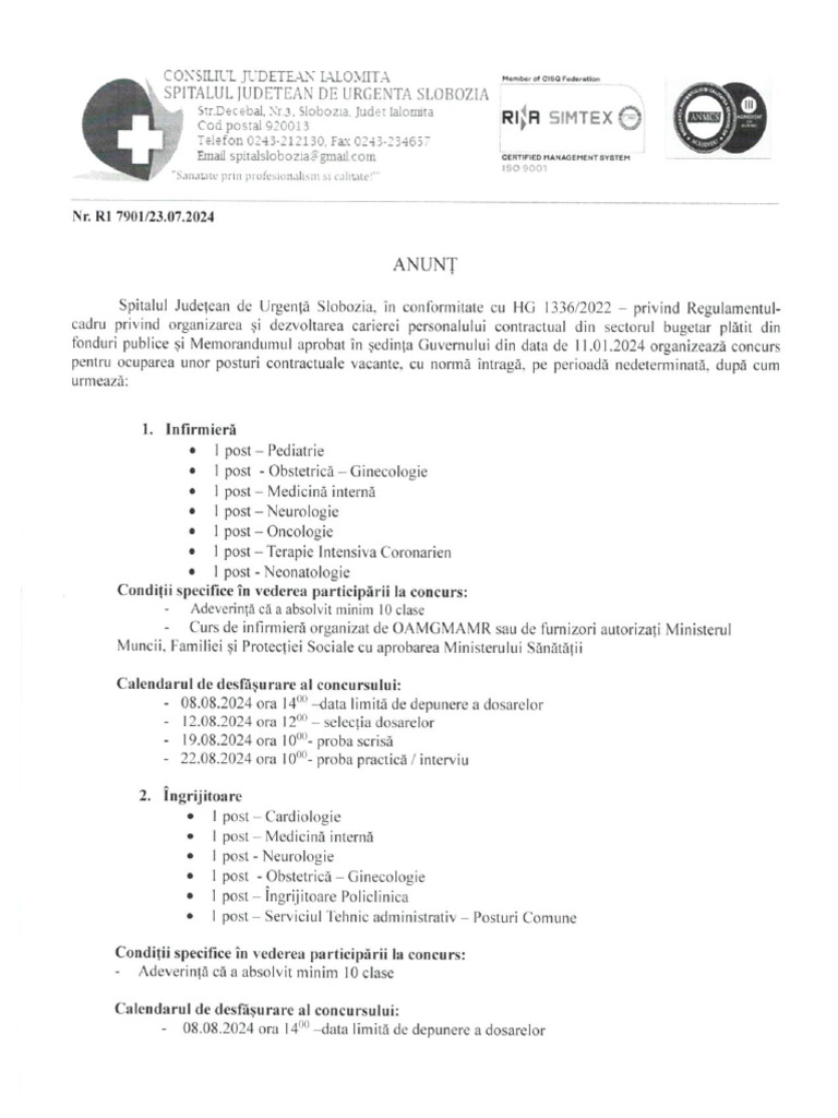 Anunt Concurs Infirmiera Ingrijitoare 25 07 2024 | PDF