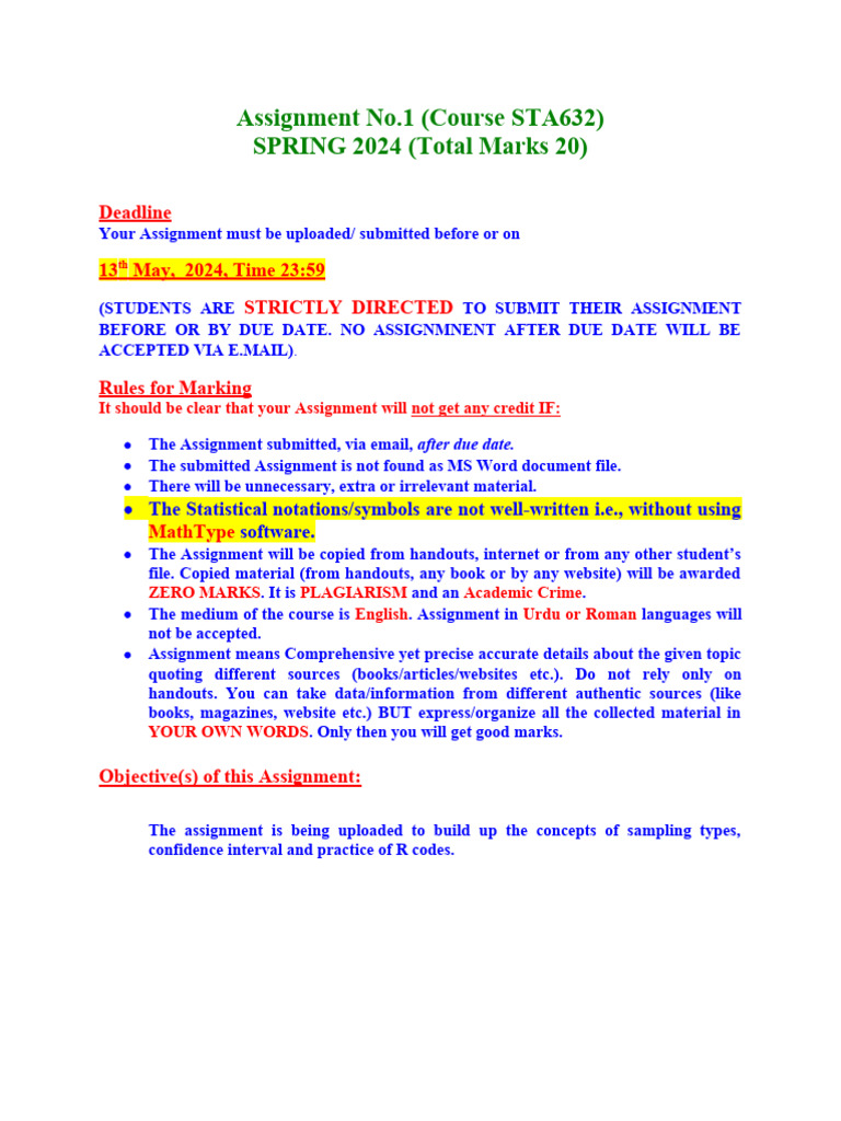 STA632 Spring 2024 Assignment Guidelines | PDF | Standard Deviation ...