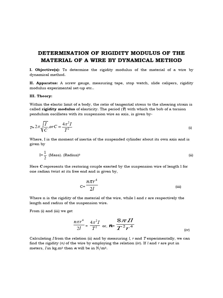 Determination of Rigidity Modulus of The Material of A Wire by Dynamical Method | PDF | Young's ...