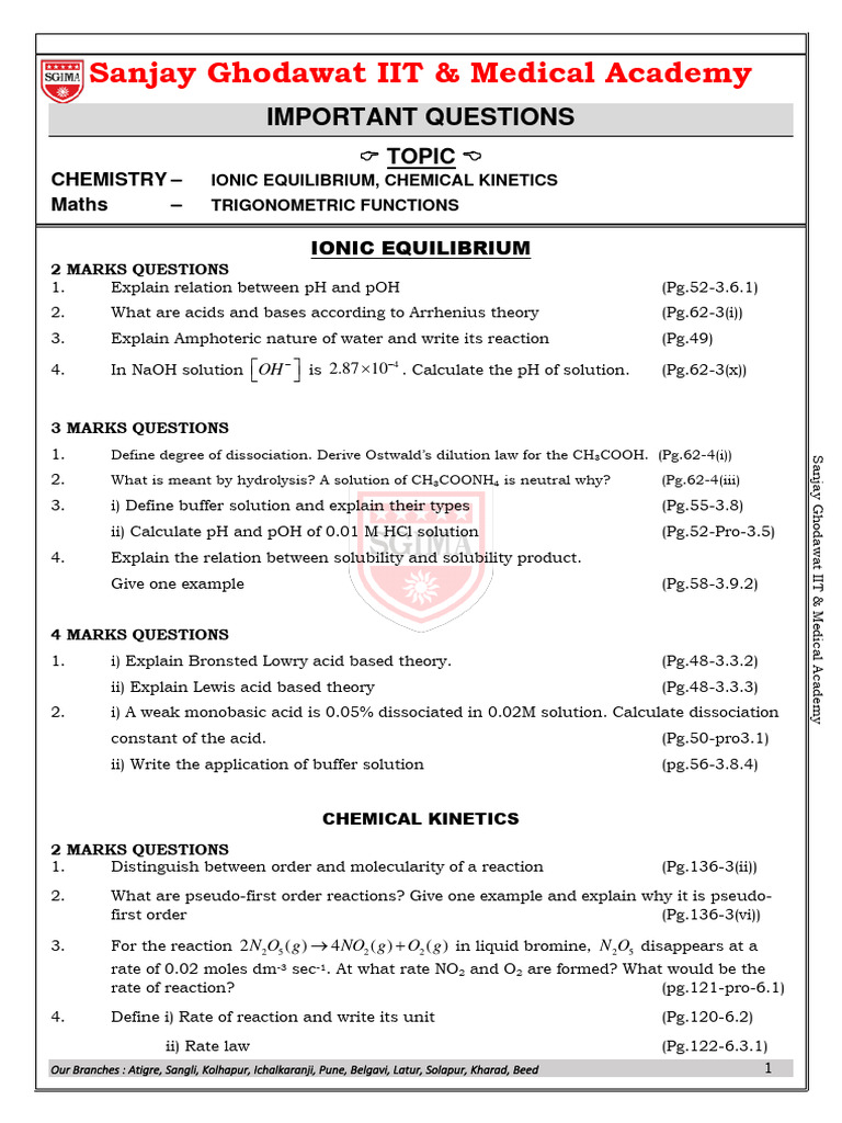Che, Mat - Imp Q - Ionic & Chemical Kinetics, Trigonometric Func | PDF | Ph | Acid