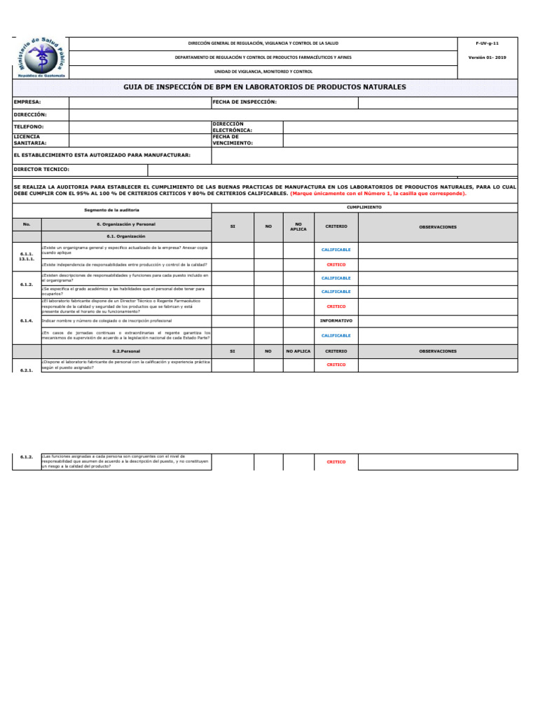 F-UV-g-11 Guía de Inspección BPM Naturales 200722 BQ | PDF | Calidad (comercial) | Laboratorios