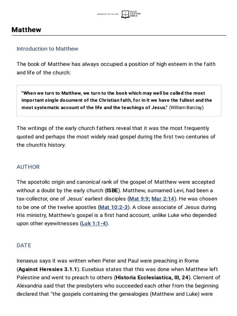 Matthew - Outline Study Resources | PDF | Jesus | Gospel Of Matthew
