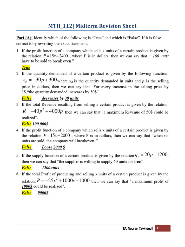 MTH - 112 Midterm Revision Sheet | PDF | Demand | Economic Equilibrium