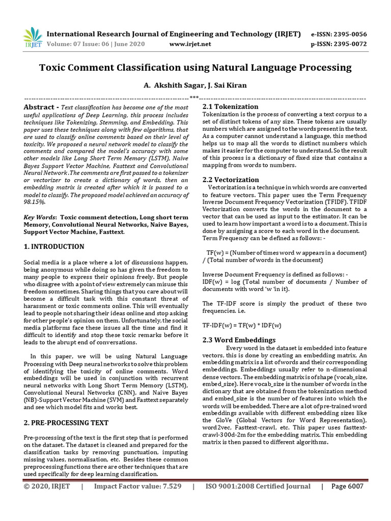 Toxic Comment Classification Using Natural Language Processing IRJET ...