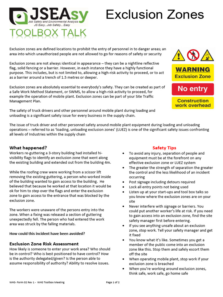 Exclusion Zones Toolbox Talk | PDF | Safety
