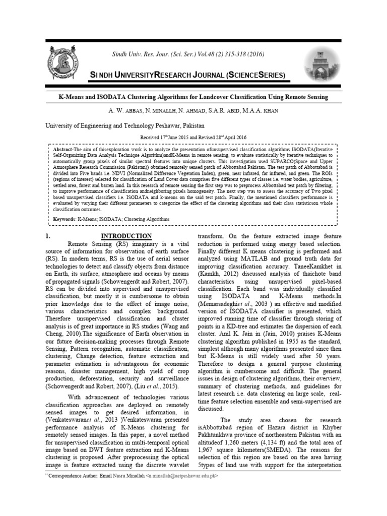 K-Means and ISODATA Clustering Algorithms For Landcover Classification Using Remote Sensing ...