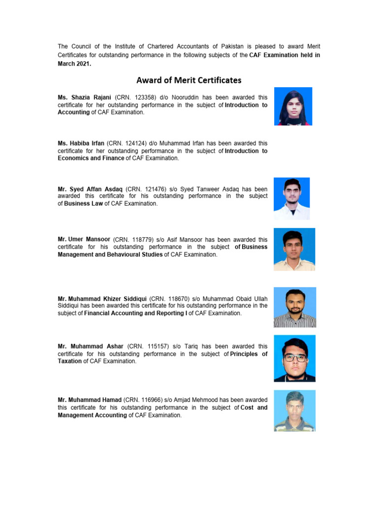 CAF Exam Merit Certificate Recipients | PDF