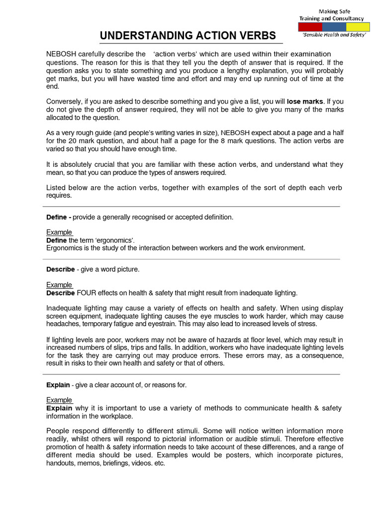 Understanding Action Verbs | PDF | Occupational Safety And Health ...