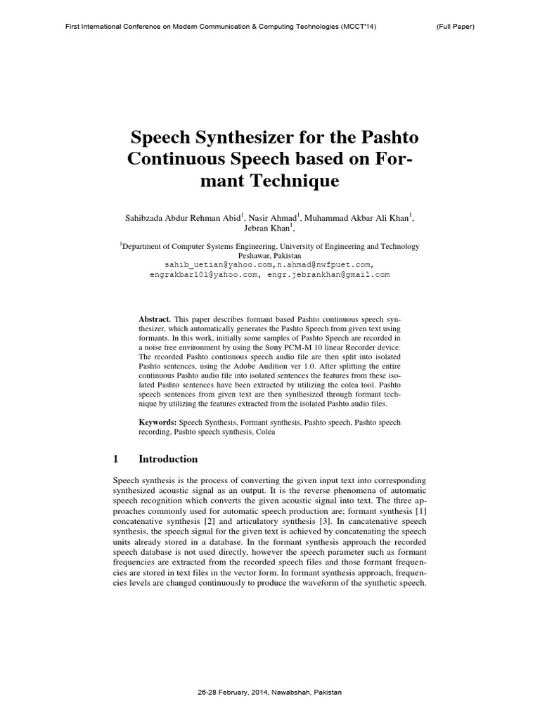 Speech Synthesizer For The Pashto Continuous Speech Using Formant Technique | PDF | Speech ...